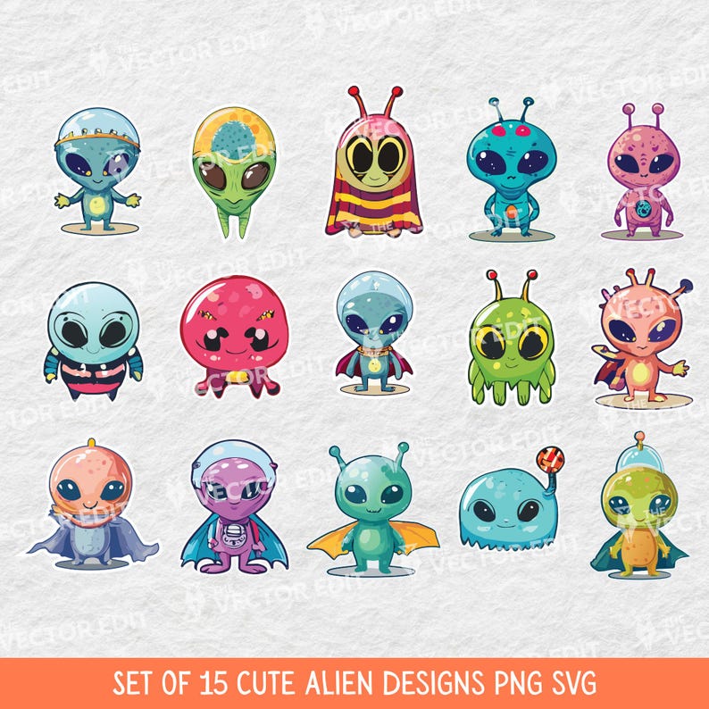 Unique Cute Alien PNG SVG Bundle – Kawaii Space Alien UFO Clipart for ...