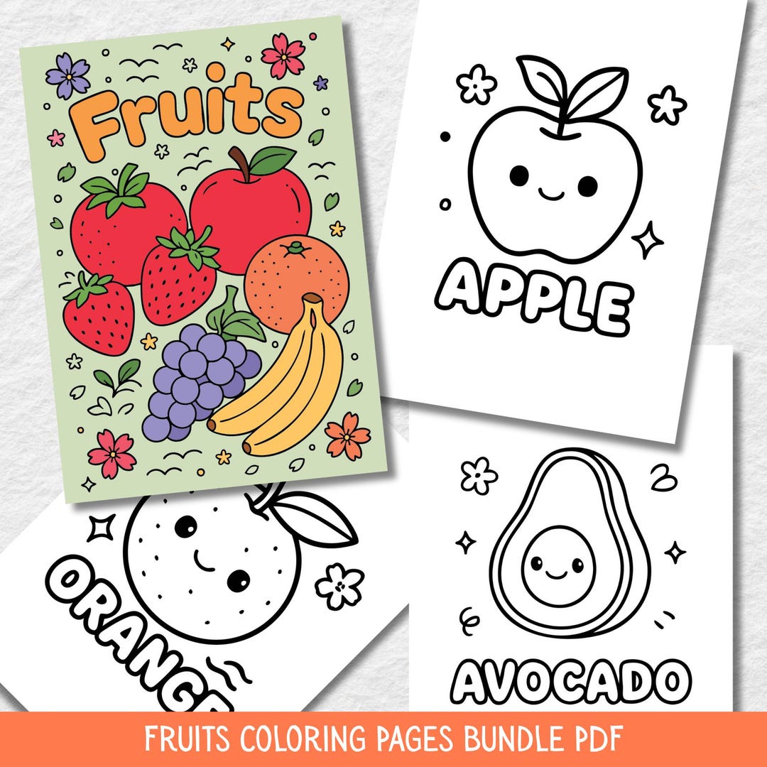 Fruits Coloring Pages PDF Bundle – Cute Fruit Coloring Book for Kids ...