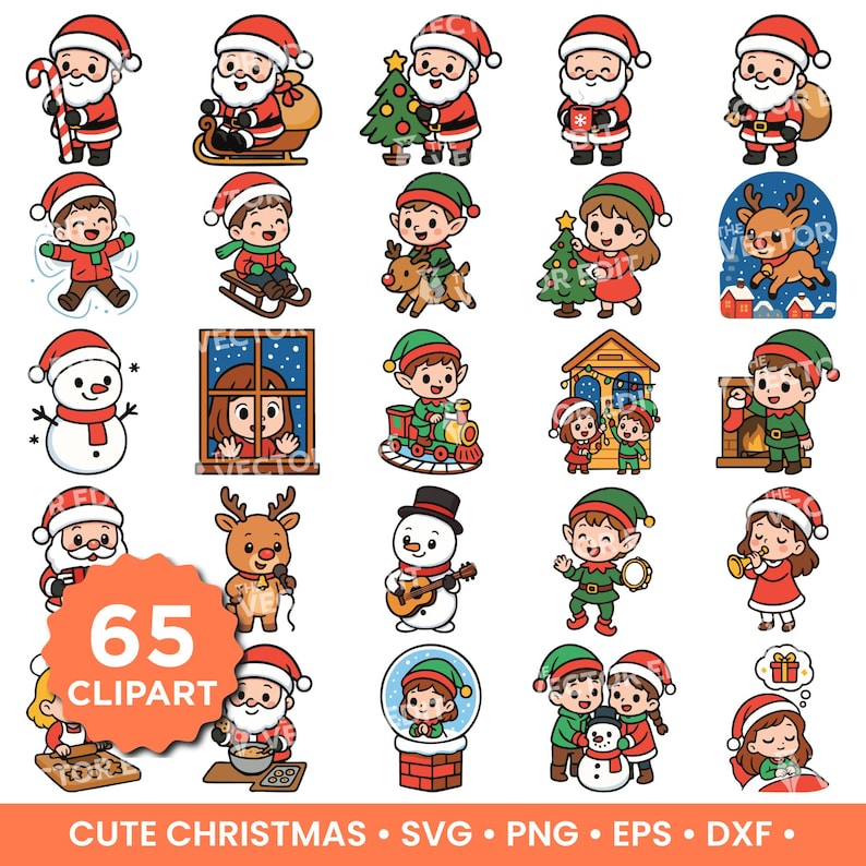 Cute Christmas SVG Bundle | Chibi Characters PNG Kawaii Santa Elf ...