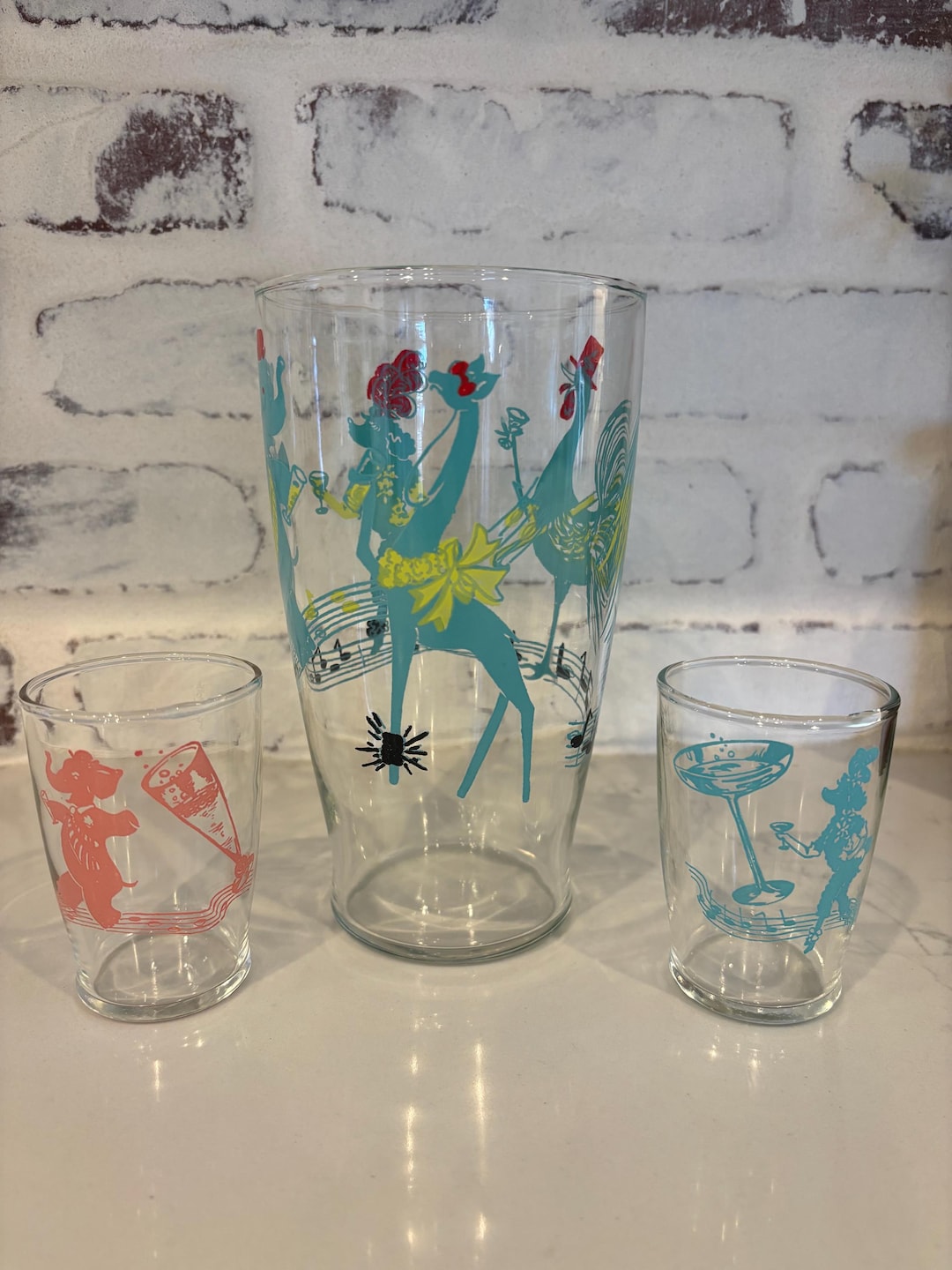 Set of Vintage Cocktail Glasses and Shaker With Dancing Animals ...