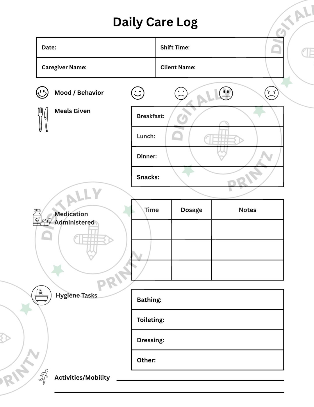 Printable Daily Care Log | Caregiver Tracker for Meals, Medication ...