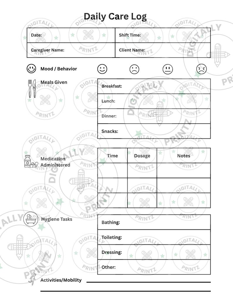 Printable Daily Care Log | Caregiver Tracker for Meals, Medication ...