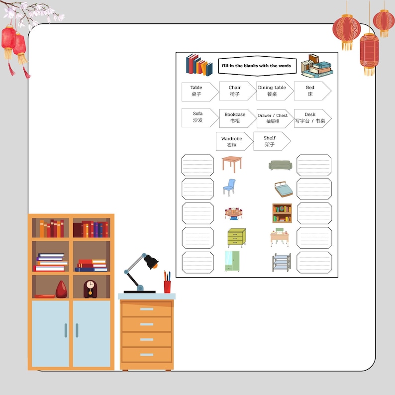 Furniture Vocabulary Worksheets | Chinese for Kids - Etsy
