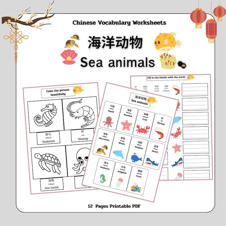 Sea Animals Chinese & English Worksheets for Kids - Etsy