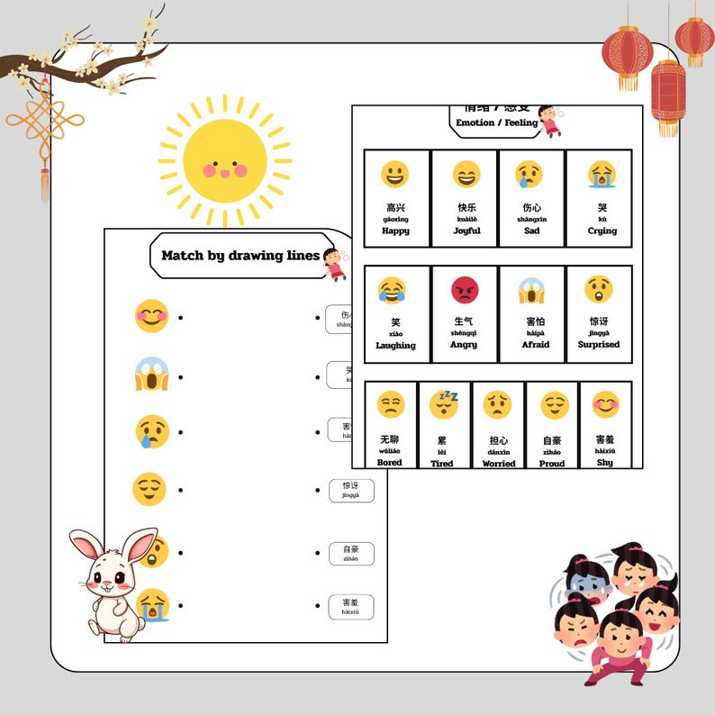 Chinese-english Emotions & Feelings Worksheets for Kids - Etsy