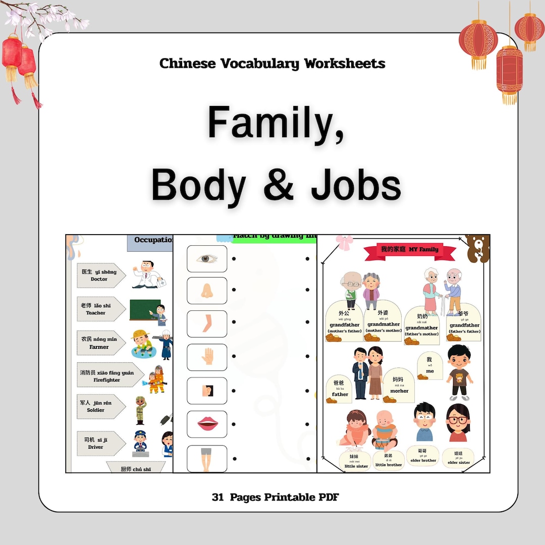 Chinese Vocabulary Worksheet - Family, Body, and Professions | 31 ...