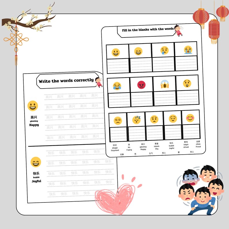 Chinese-english Emotions & Feelings Worksheets for Kids - Etsy