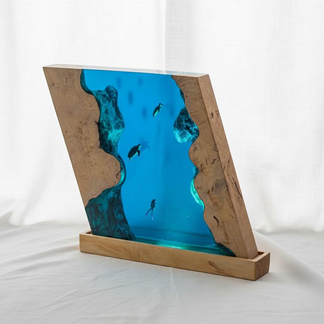 Handmade Trapezoid Resin Wood Lamp With Sea Turtle Design – Unique ...