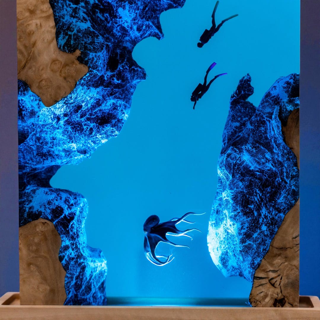 Handcrafted Rectangular Wood and Resin Lamp Featuring Diver and Octopus ...