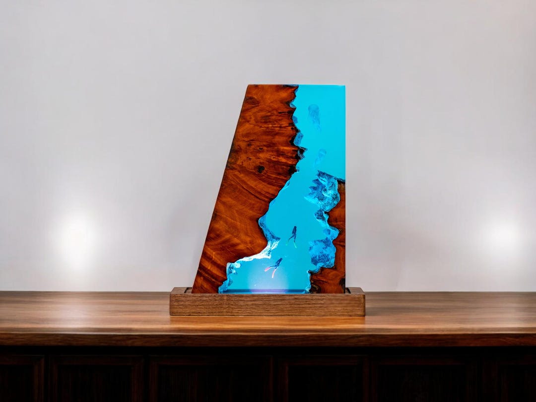 Handmade Trapezoid Resin Wood Lamp With Diver and Jellyfish Scene ...