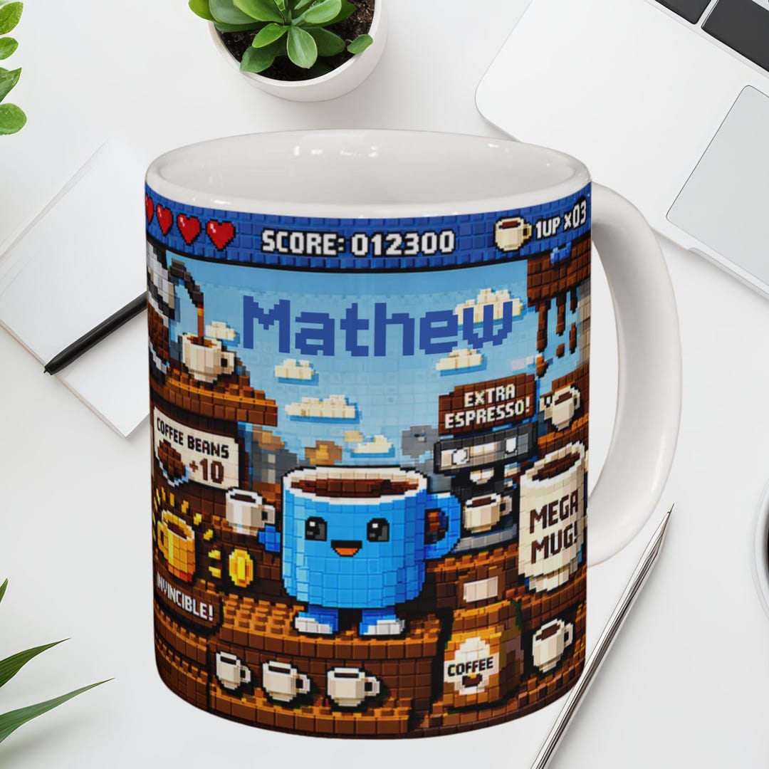 Personalized Gamer Coffee Mug, Custom Name Pixel Art Mug, Video Game ...