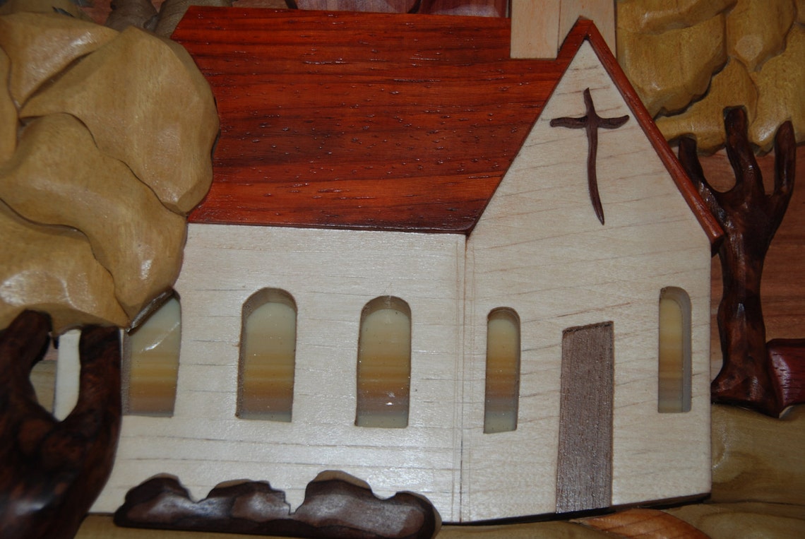 Intarsia Country Church With Stain Glass - Etsy
