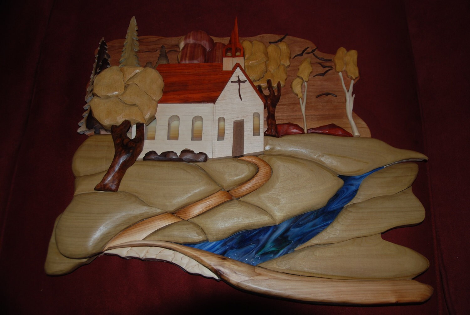 Intarsia Country Church With Stain Glass - Etsy