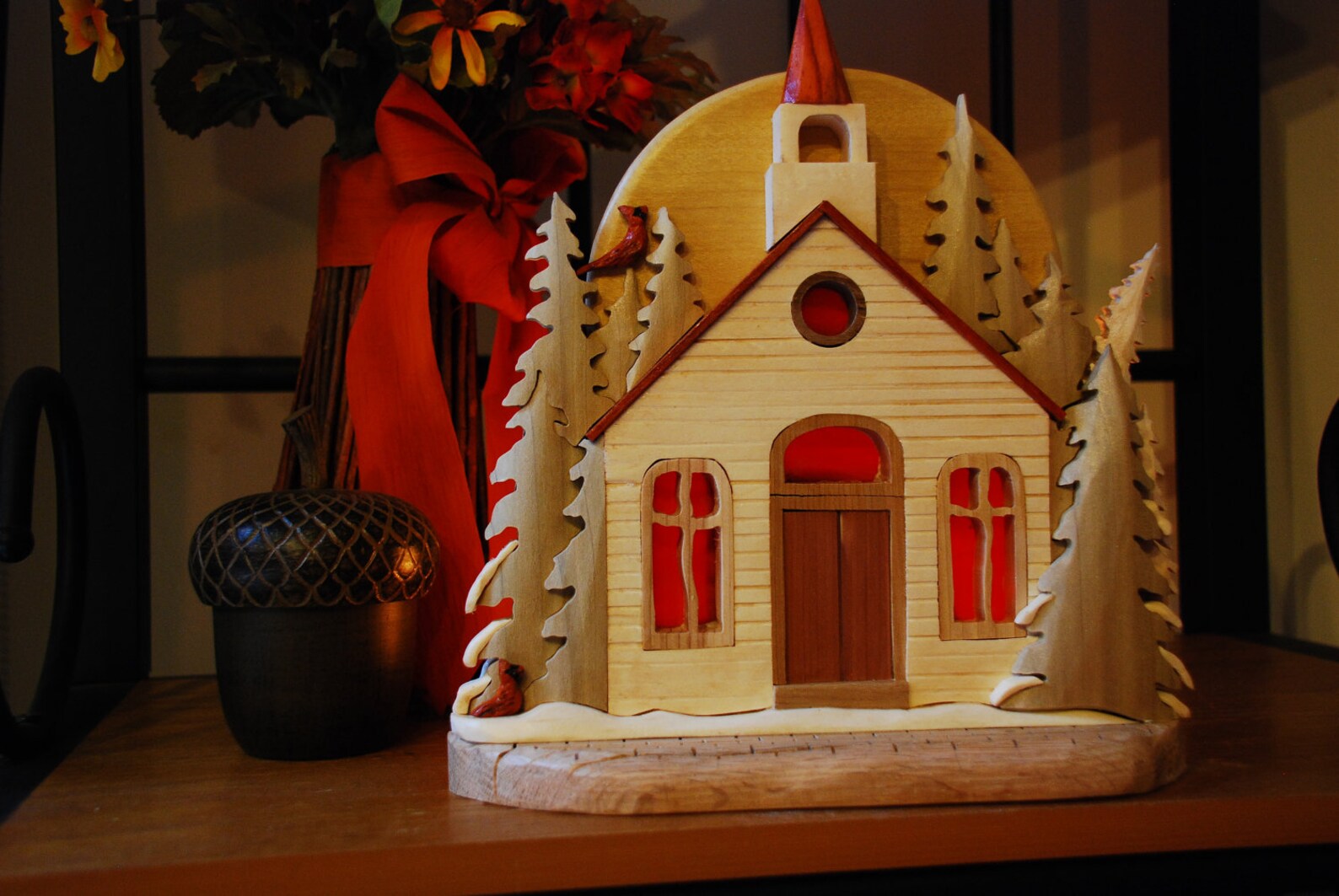 Intarsia Country Church With Stain Glass - Winter Scene - Etsy