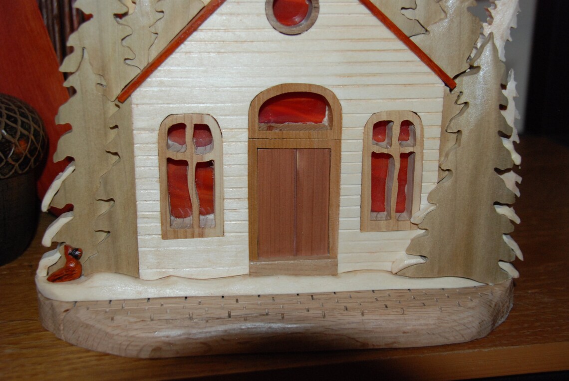 Intarsia Country Church With Stain Glass - Winter Scene - Etsy