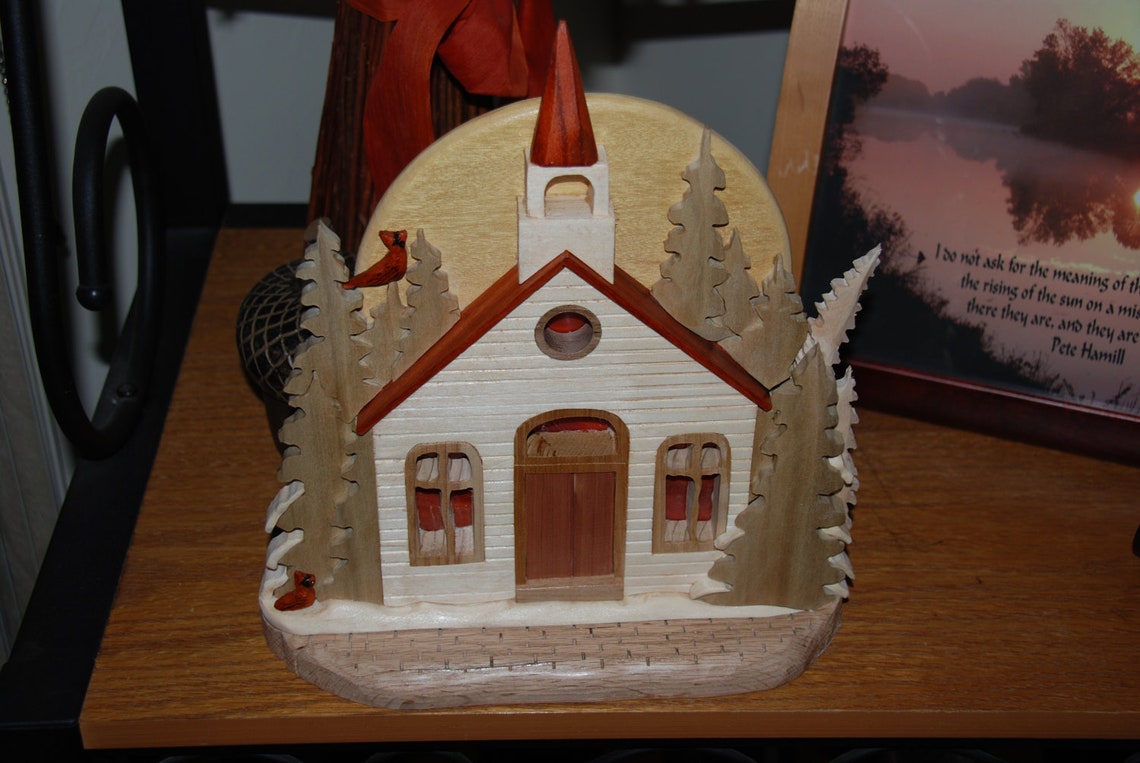 Intarsia Country Church With Stain Glass - Winter Scene - Etsy