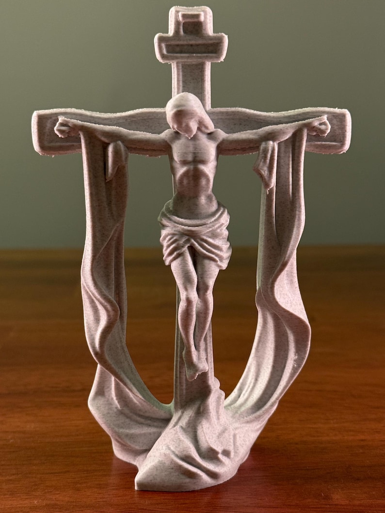 3D Printed Jesus on the Cross Statue – Modern Crucifix – Marble Look ...