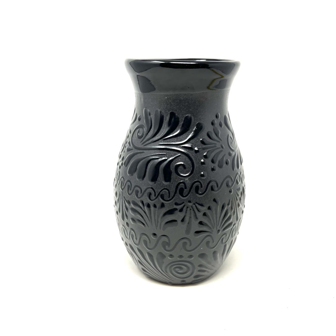 Handcrafted Black Mexican Barro/clay Flower Pattern Vase - Etsy