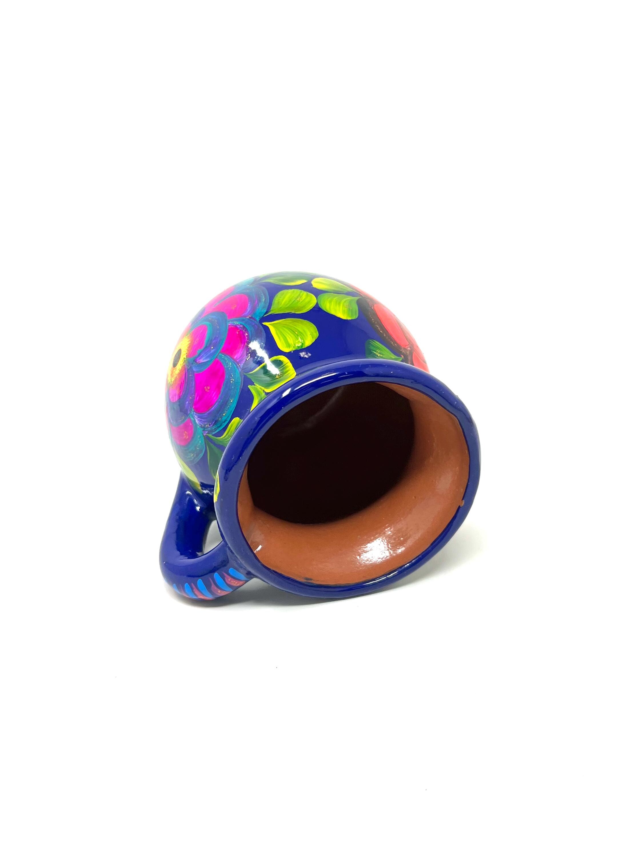Floral Navy Blue Barro Jarrito Mug | Handmade & Painted Mexican Clay ...