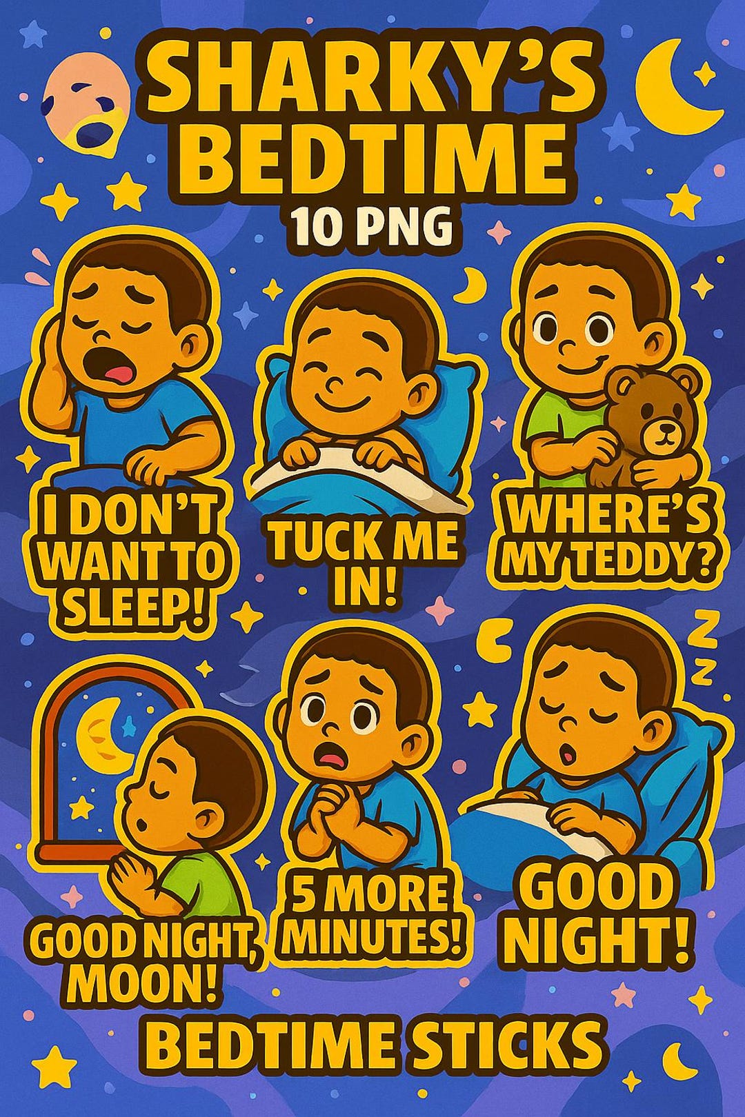 Sharky’s Bedtime Routine Stickers – 10+1 PNG Cute Digital Stickers for ...