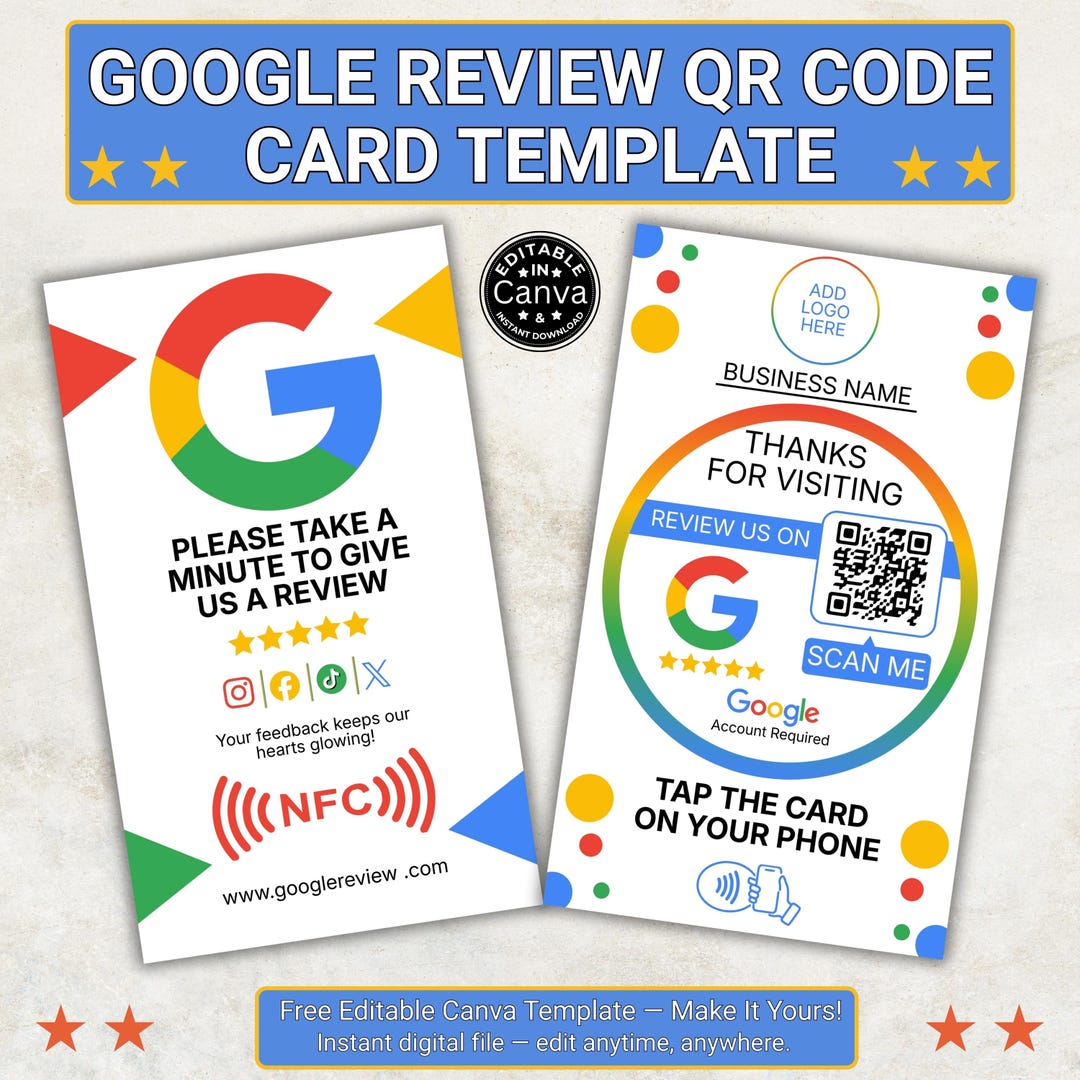 Google Review QR Card Template, NFC Review Card, Canva Google Review ...