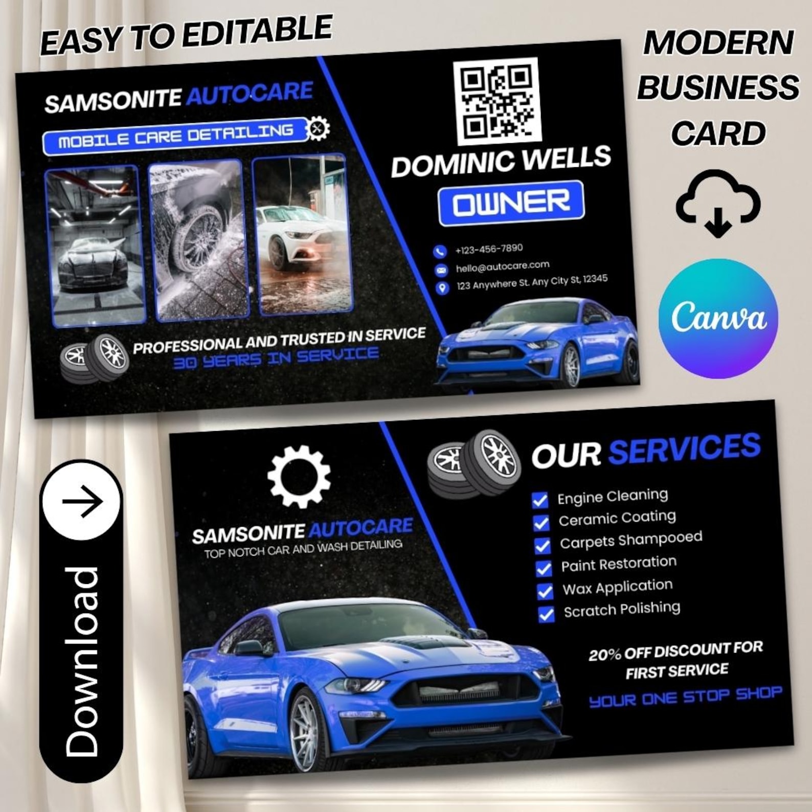Editable Auto Detailing Business Card Canva Template, Modern Mobile ...