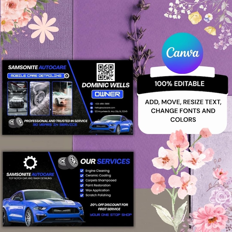 Editable Auto Detailing Business Card Canva Template, Modern Mobile ...
