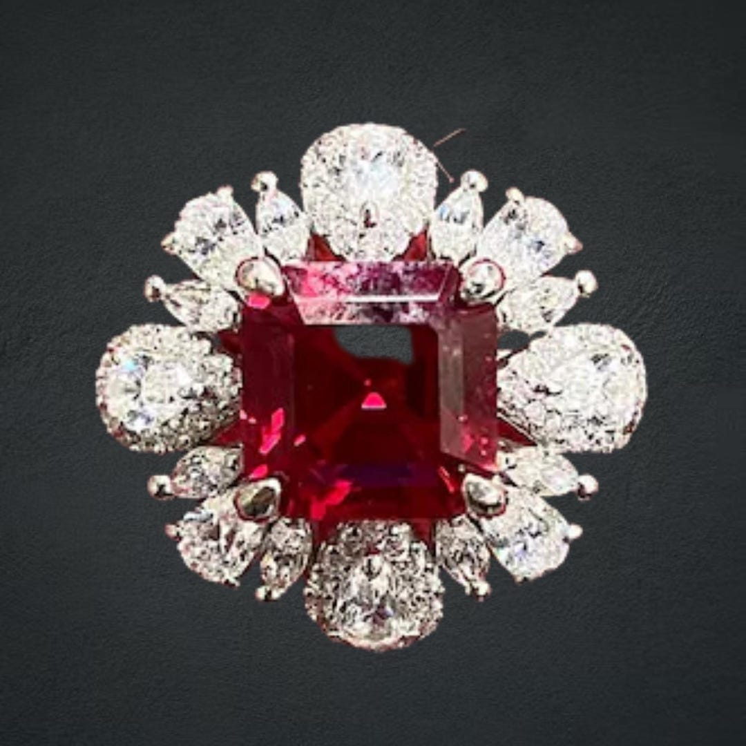 Asscher Cut Red Ruby Ring, 14k White Gold Diamond Halo, Vintage Wedding ...