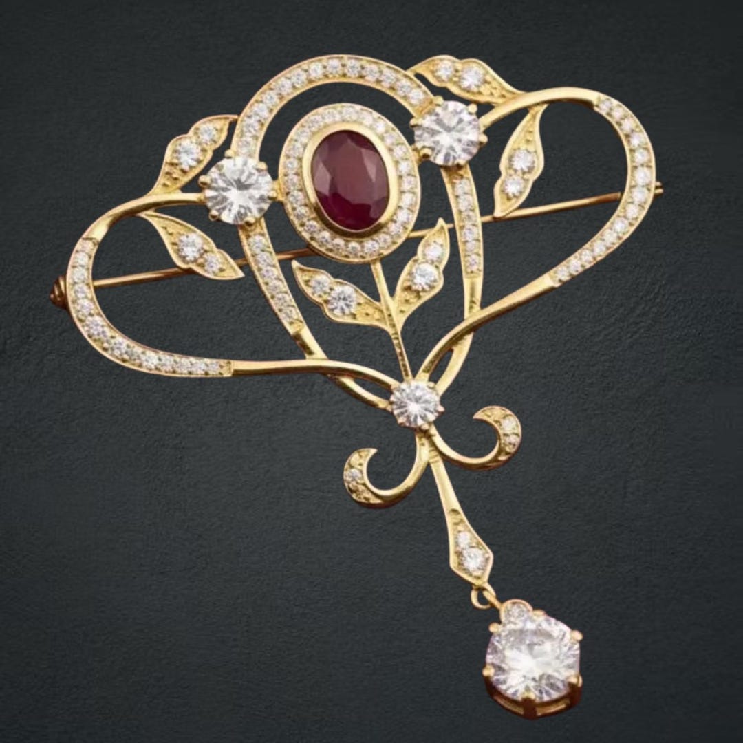 Oval Cut Red Ruby Brooch Pin, 14k Two Tone Gold Diamond Antique Brooch ...