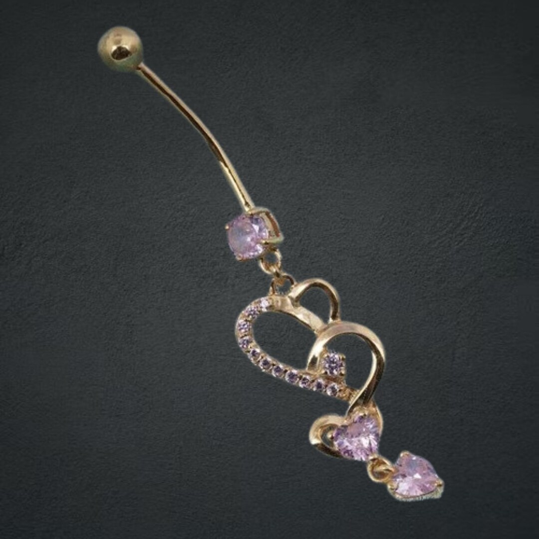 Heart Cut Pink Sapphire Belly Button Ring, 14k Yellow Gold Diamond ...