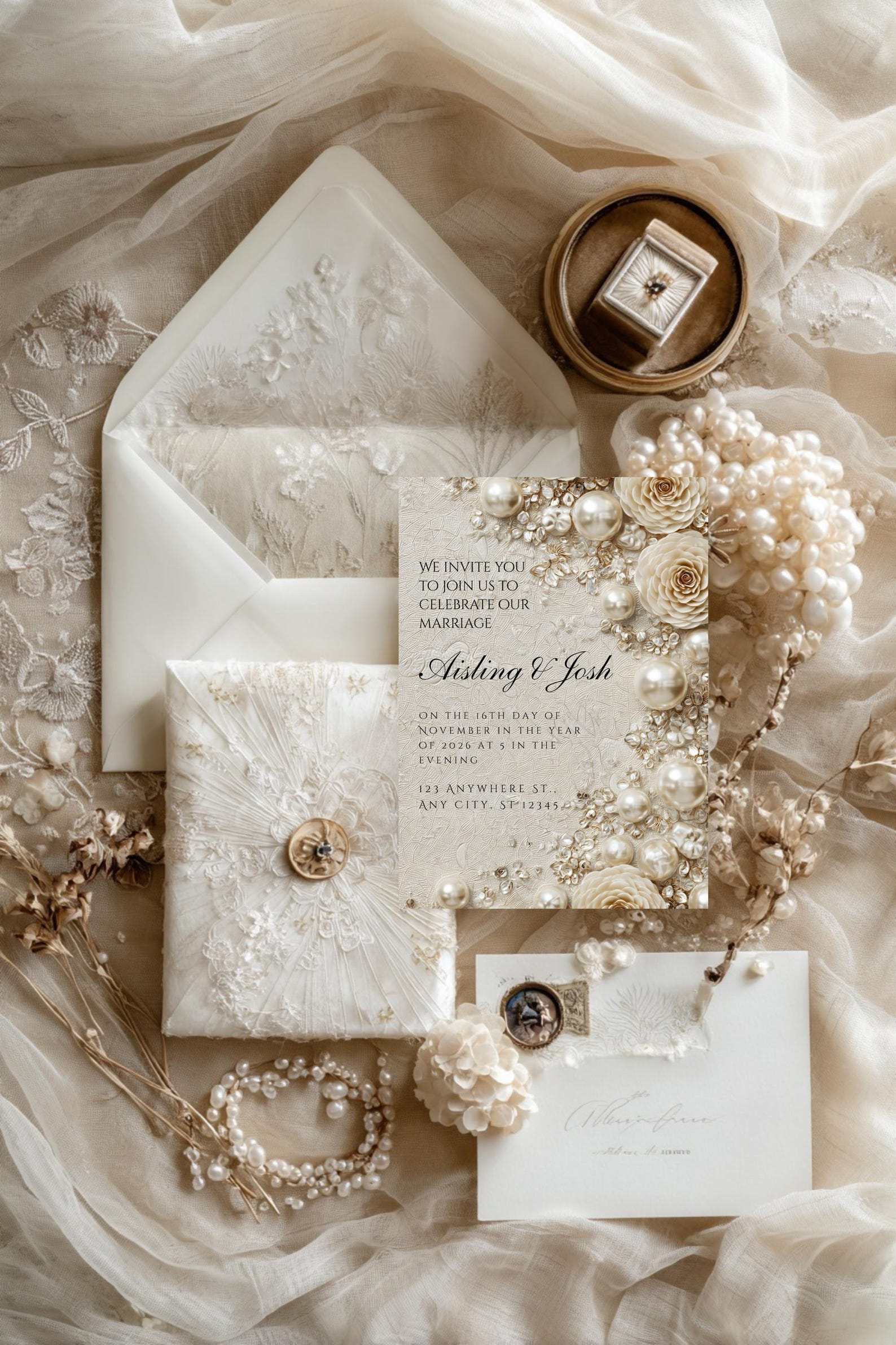Pearl Wedding Invitation Template | Timeless Romantic Bridal Invitation ...