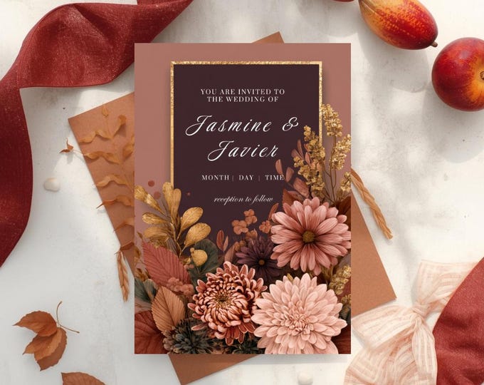 Maroon Fall Wedding Invitation Template, Instant Download Boho Wedding ...