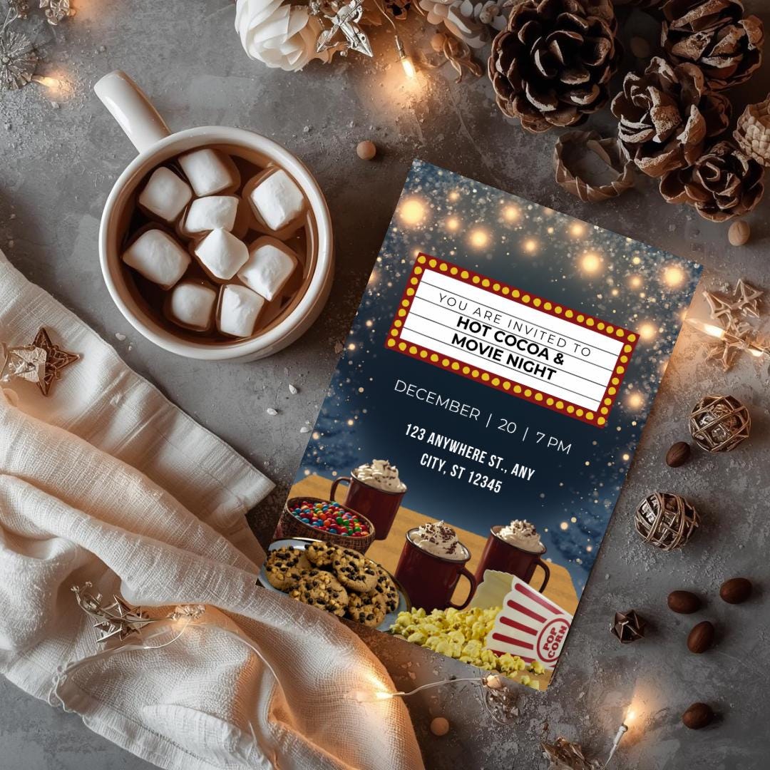 Hot Cocoa & Movie Night Invitation – Cozy Holiday Canva Template - Etsy