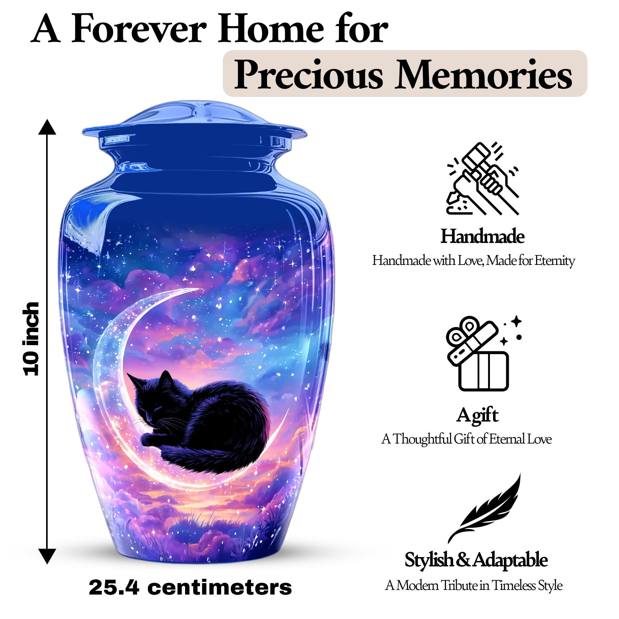Black Cat Memorial Urn, Celestial Moon Design, Personalized Pet Ashes ...