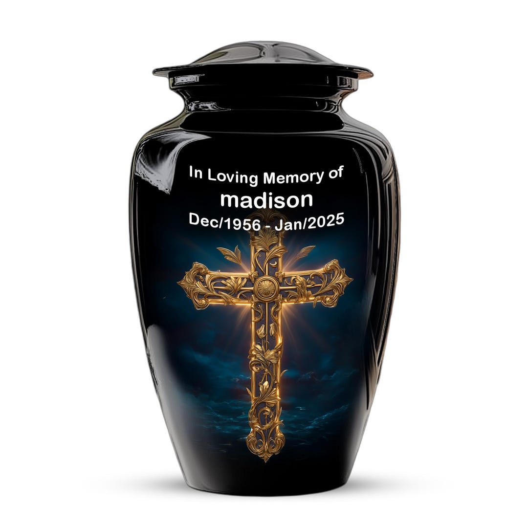 Golden Cross Black Cremation Urn, Christian Memorial, Adult Ashes - Etsy