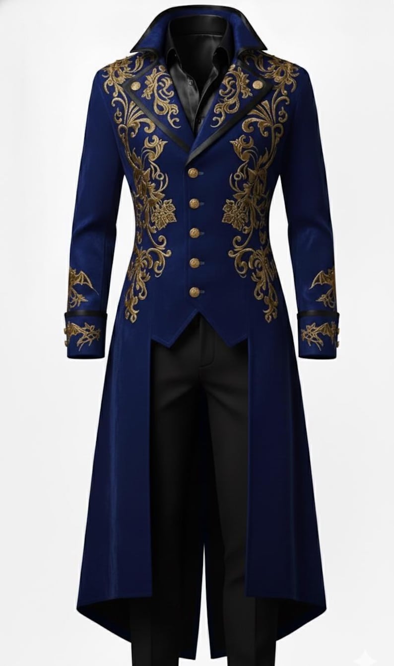 Victorian Blue Velvet Tailcoat for Men, Gold Embroidered Steampunk Coat ...