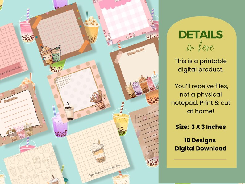 Boba Tea Memo Pad | Printable Stationery | Kawaii Memo Pad | Digital Download | Note Pad ...