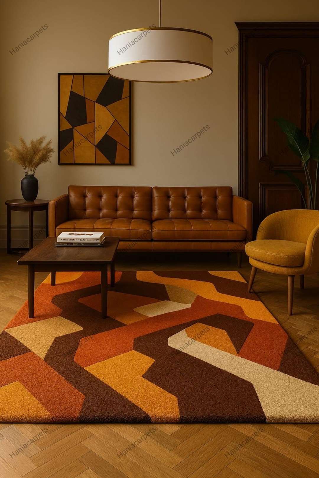 Retro Mid Century Shag Rug – 70s Geometric Orange Yellow Area Carpet ...