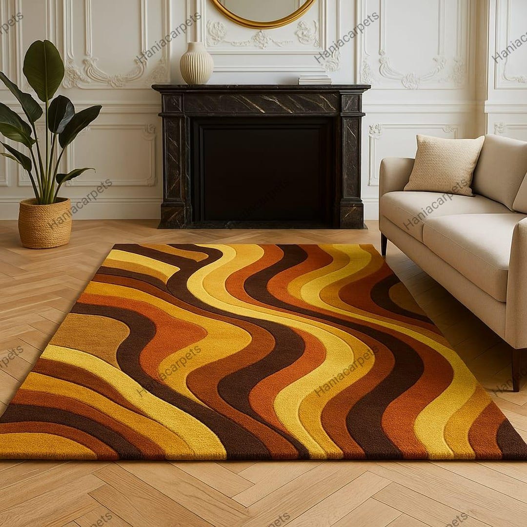 Retro 70s Geometric Wave Rug – Mid Century Modern Tufted Shag Carpet ...