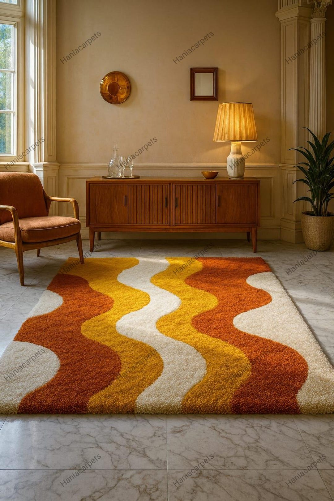 Retro Wavy Area Rug – Handmade Tufted Shag Carpet, 70s Mid Century ...
