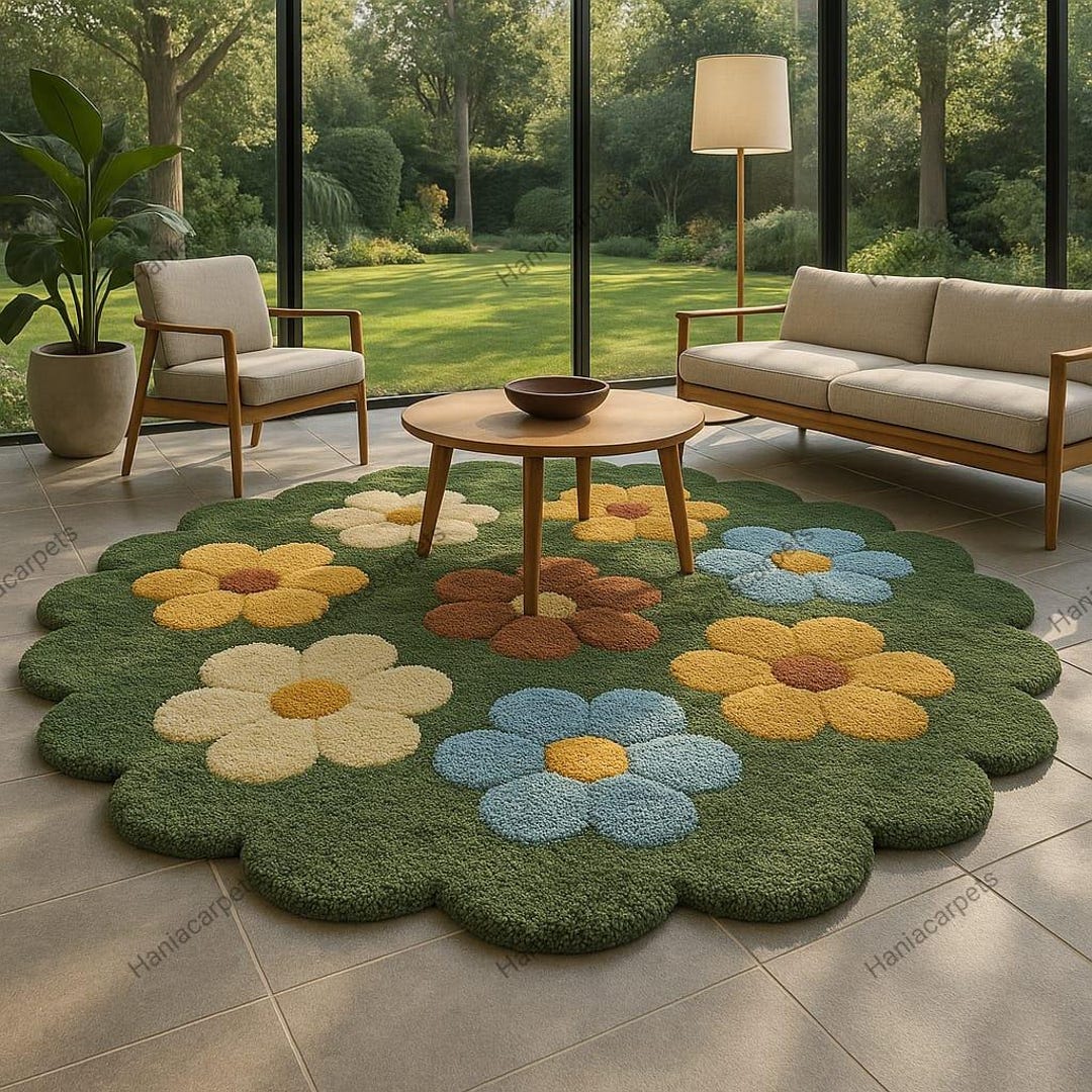 Handmade Daisy Field Tufted Rug | Cottagecore Floral Area Rug ...