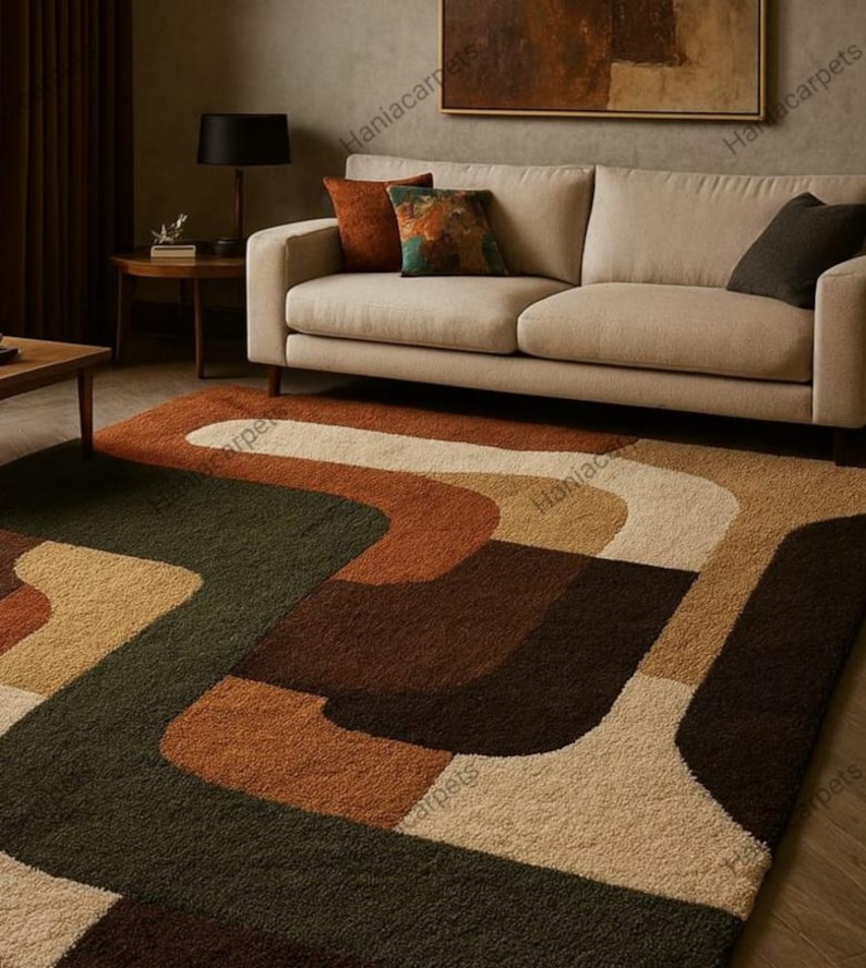 Retro Mid Century Shag Rug – 70s Geometric Orange Yellow Area Carpet ...