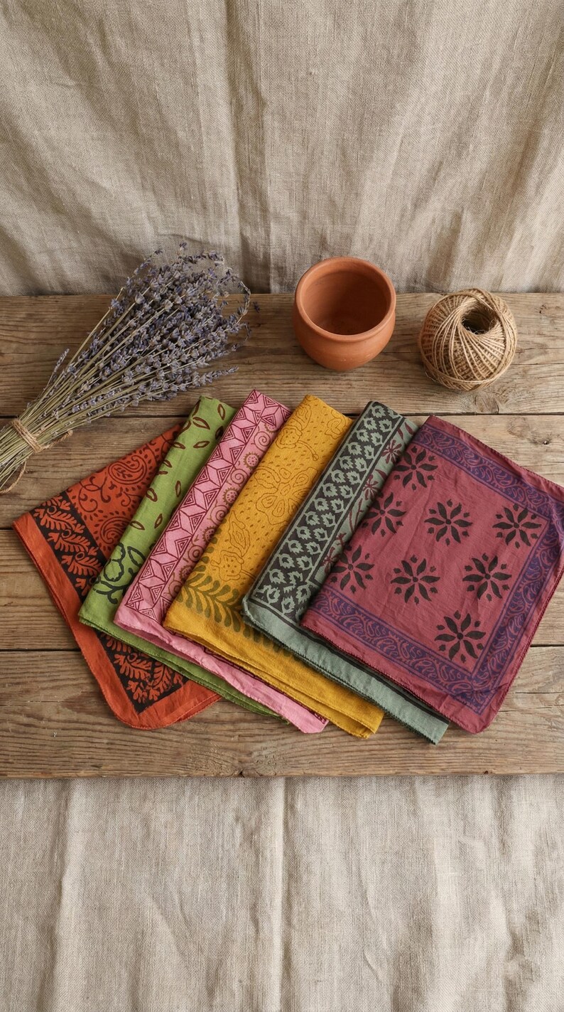 6 Pcs Handmade Block Print Cotton Bandanas, Unisex Boho Scarves ...