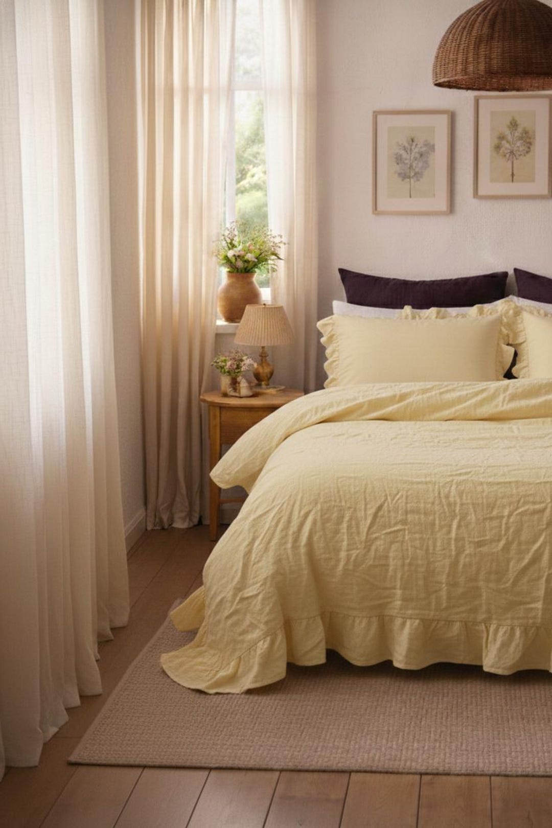Boho Ruffled Duvet Cover Set – Soft Solid Yellow Bedding With Frill ...
