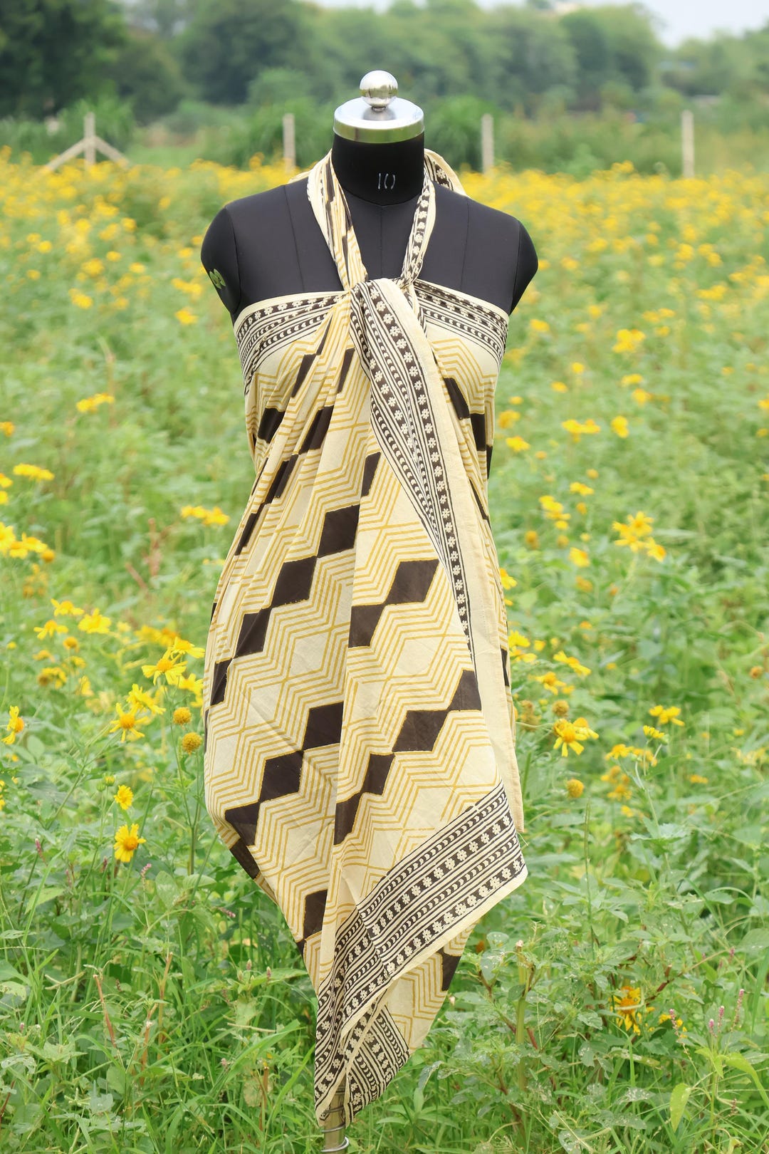 Hand Block Printed Cotton Sarong: Yellow Geometric Boho Beach Wrap ...