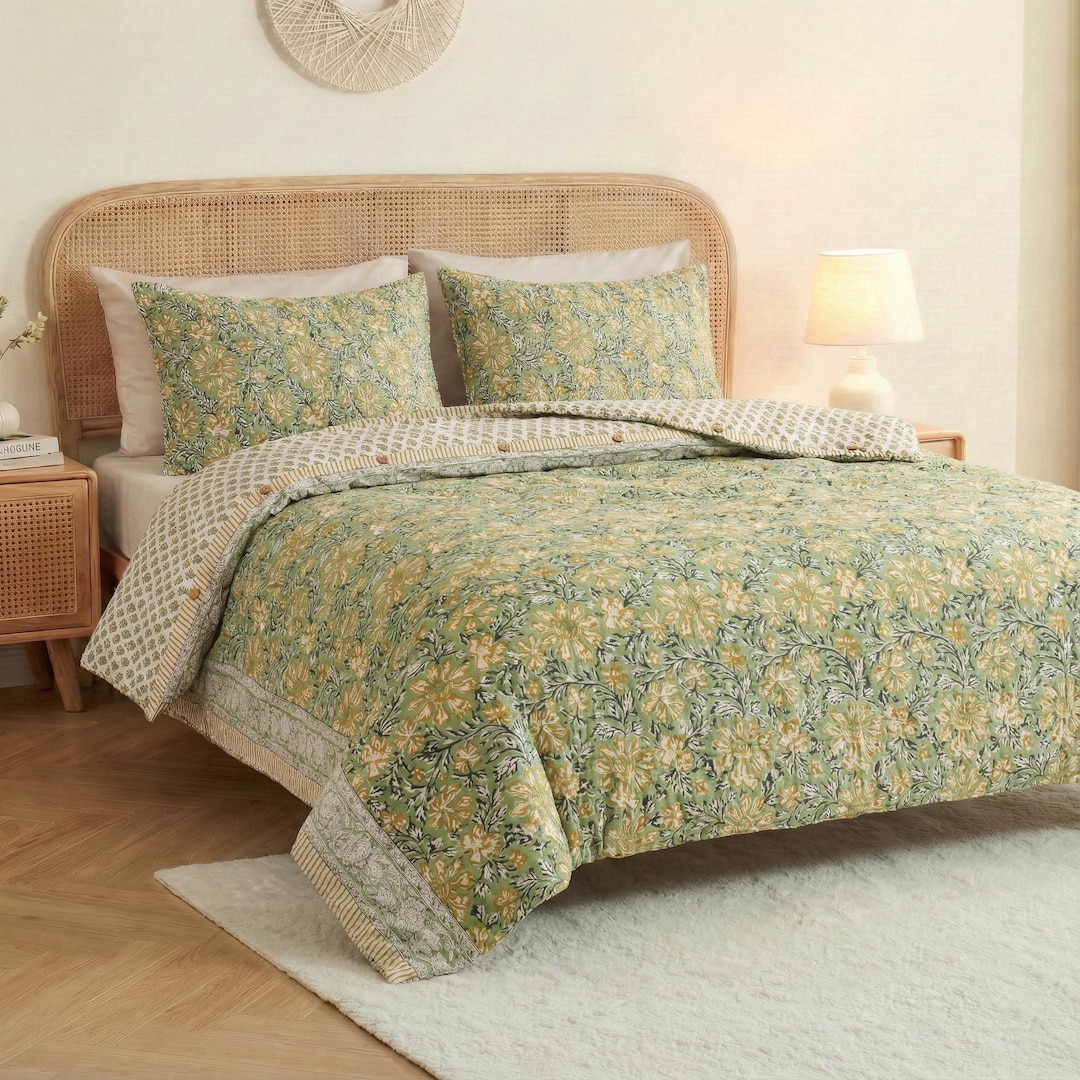 Hand Block Printed Flower Duvet Cover, Indian Hand Block Print Duvet ...