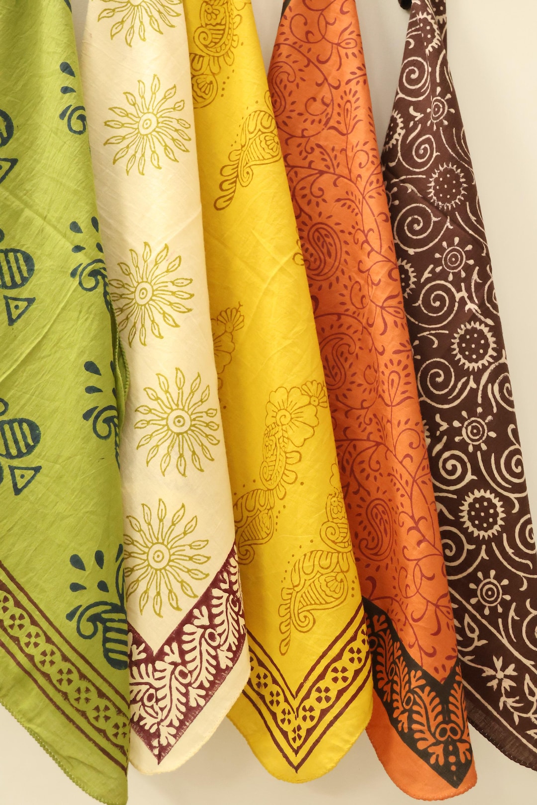 5 Pcs Vintage Block Printed Cotton Bandana, Summer Cotton Head Scarf ...