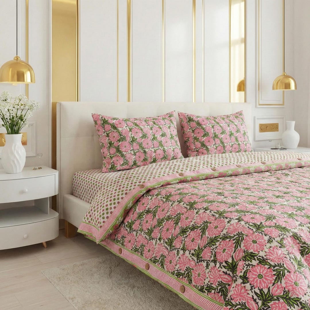 Pink Floral Block Print Duvet Cover, Handcrafted Cotton Bedding,indian ...