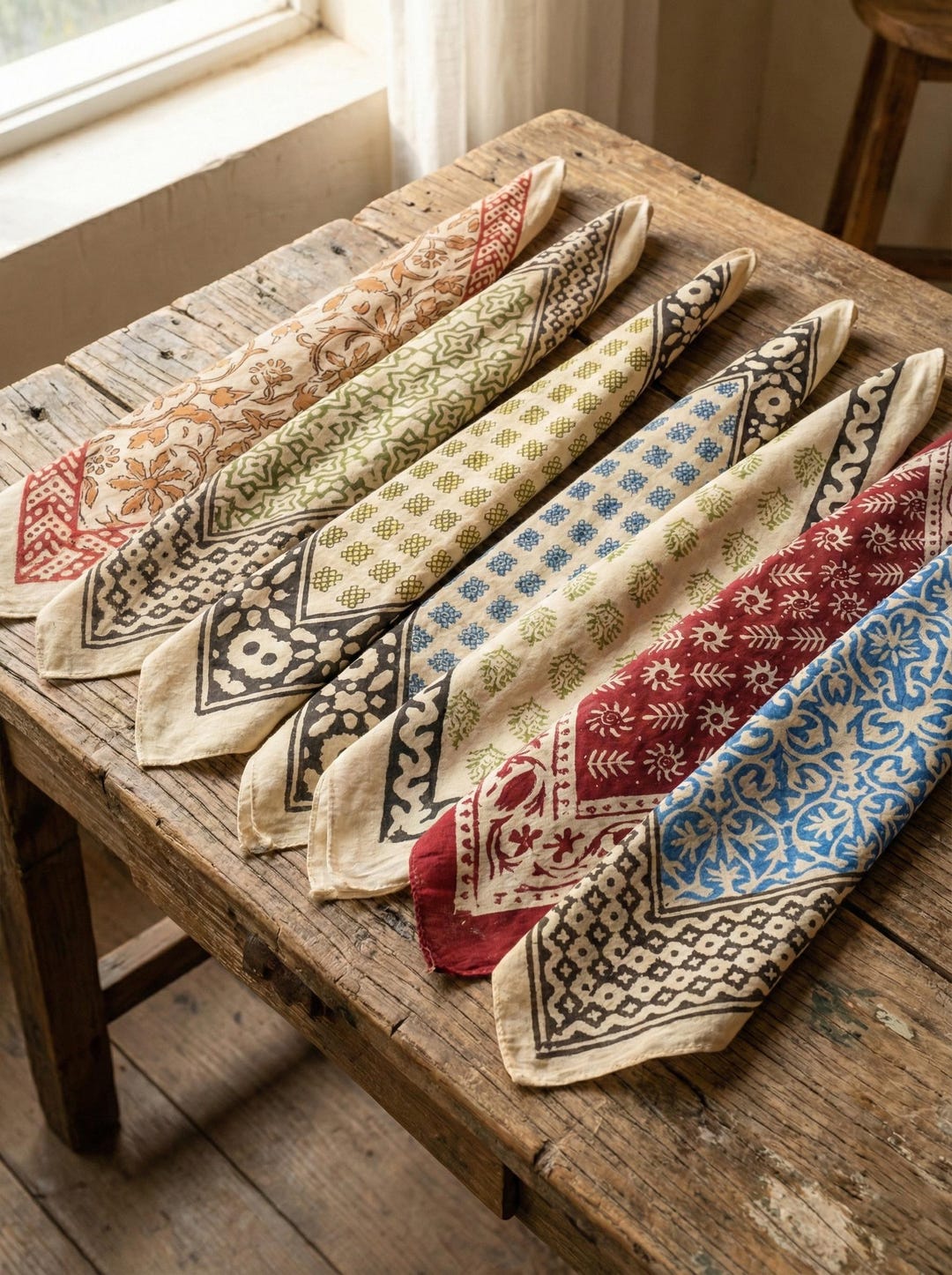 Hand Block Print Cotton Bandana Set of 7 – Boho Vintage Floral ...