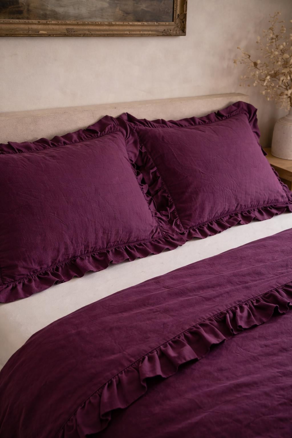 Plum Linen Duvet Cover Set With Romantic Ruffles, Comforter Cover Duvet ...